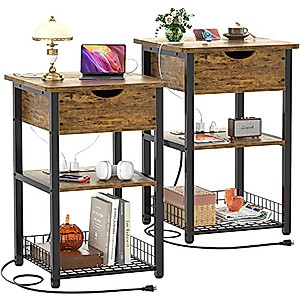 Cyclysio Nightstand Set of 2 with Charging Station, End Table Side Table with USB Ports and Outlets, Flip Top Night Stands with Shelves, Slim Bedside Sofa Table for Living Room, Bedroom, Rustic Brown