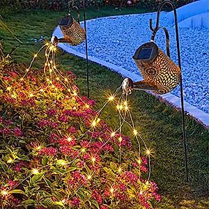 Glintoper 2 Pack Outdoor Solar Watering Can Garden Lights, Metal Waterfall Figurine Lights with Shepherd Hook, Decorative Yard Art for Mom, Mothers Day Ideal Gifts, for Patio Walkway Pathway Lawn