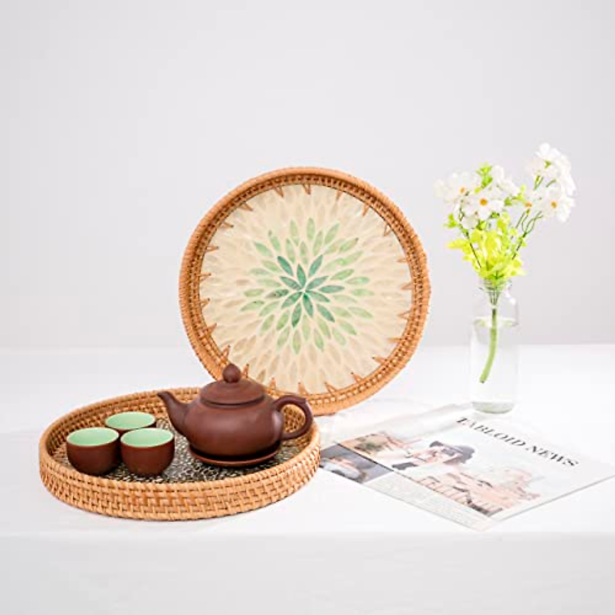 BemiaoCrafts Rattan Tray with Mother of Pearl Inlay Wooden Base, Lacquer Serving Basket for Breakfast, Food, Round Tray as Coffee Table Decor, Mother of Pearl Decoration, Storage, Display