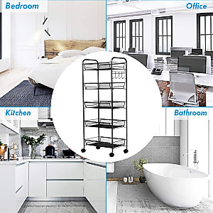 Giantex 5-Tier Storage Cart Rolling Trolley Organizer Utility Cart with Lockable Wheels, 5 Hooks, Mesh Shelves for Home Kitchen, Bathroom, Office and Bedroom (Black)