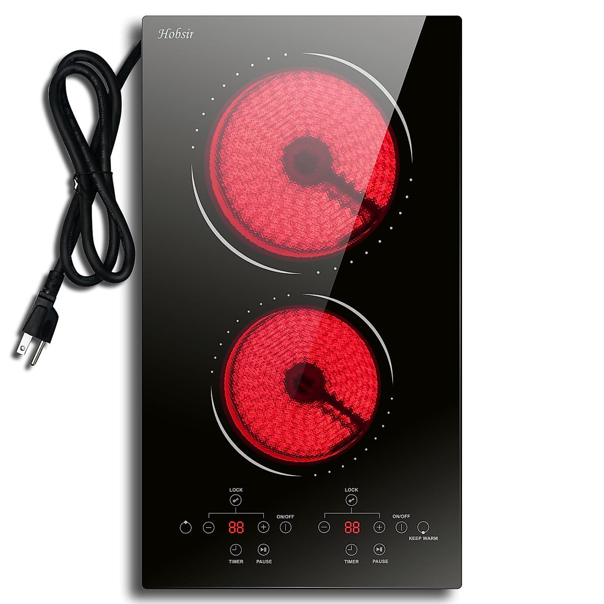 2 Burner Electric Cooktop 110v, 120v Plug In Electric Stove Top Burner, 12 Inch Built-in Radiant Electrics Stove, Countertop Ceramic Cooktop with Child Safety Lock, Timer, Over-Temperature Protection