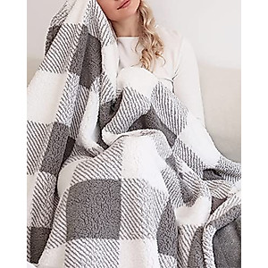 Panku Plaid Sherpa Throw Blanket with Solid Plush Reverse, Reversible Soft Fleece Checkered Blanket for Couch and Bed, Cozy and Warm Fuzzy Blanket, Grey Plaid, 50x60 Inches