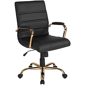 Pemberly Row Mid Back Leather Office Swivel Chair in Black and Gold