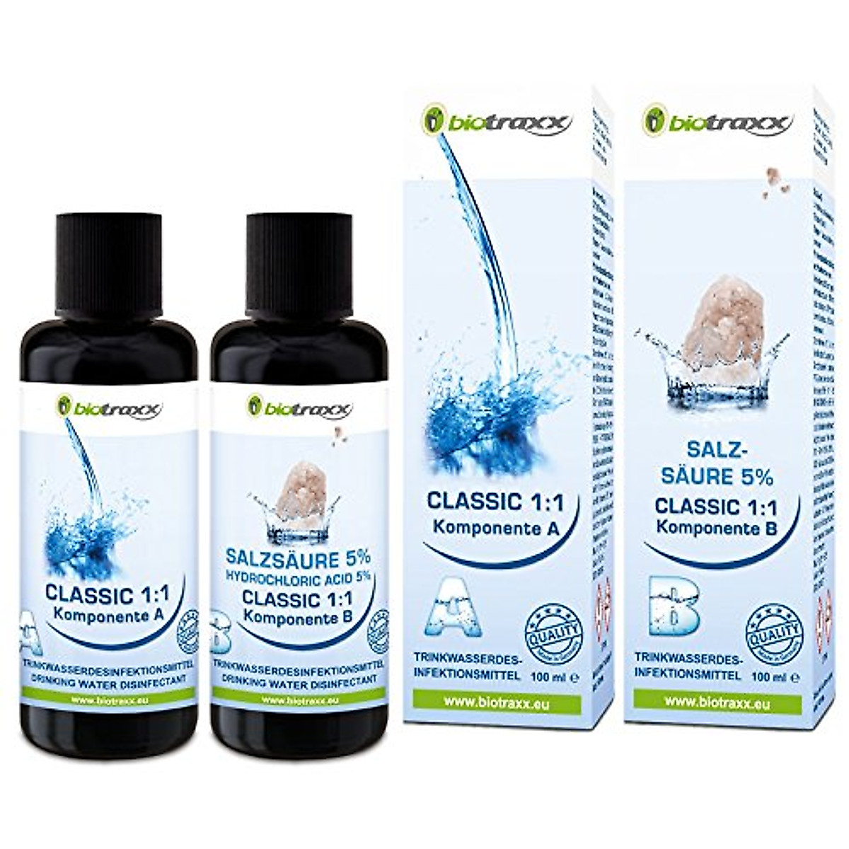 Biotraxx Classic Water Purification 1:1 Set, 1x 100ml Hydrochloric Acid 5%, 1x 100ml Sodium Solution. Made in Germany