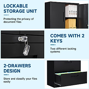 PEUKC 2-Drawer Metal File Cabinet, Lateral Vertical Filing Cabinets for Home Office, Locking File Cabinet with Storage Shelves, Legal/Letter/A4 Size Office File Cabinet, (Black, Assemble Required)