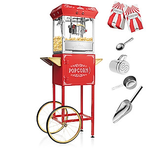 Olde Midway Vintage Style Popcorn Machine Maker Popper with Cart and 6-Ounce Kettle - Red