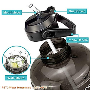 QuiFit 1 Gallon Water Bottle - with Straw & Motivational Time Marker Leak-Proof BPA Free Reusable Gym Sports Outdoor Large(128OZ) Capacity Water Jug(Black,1 Gallon)