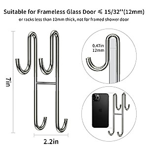 Over Shower Glass Door Hook, 2 Pack Silver 304 Stainless Steel Extended Shower Door Hooks, Bathroom Frameless Drilling-Free Hanger, Double Side Towel Hooks, for Bathing Suits, Robe, Loofah, Shaver