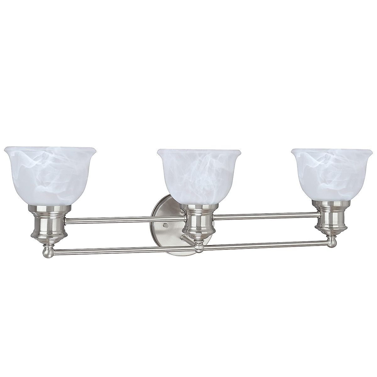 Aspen Creative 62139, Three-Light Metal Bathroom Vanity Wall Light Fixture, 25" Wide, Transitional Design in Brushed Nickel with Faux Alabaster Glass Shade