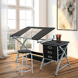 HomGarden Adjustable Drawing Desk Drafting Table Folding Art Craft Table Station w/Stool and 3 Storage Drawers