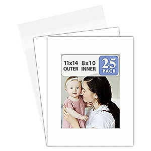 Golden State Art, Pack of 25, 11x14 White Picture Mat Set - Fit 8x10 Photos/Prints - Acid Free Bevel Pre-Cut White Core Mattes - with 25 Backing Board & Clear Bags
