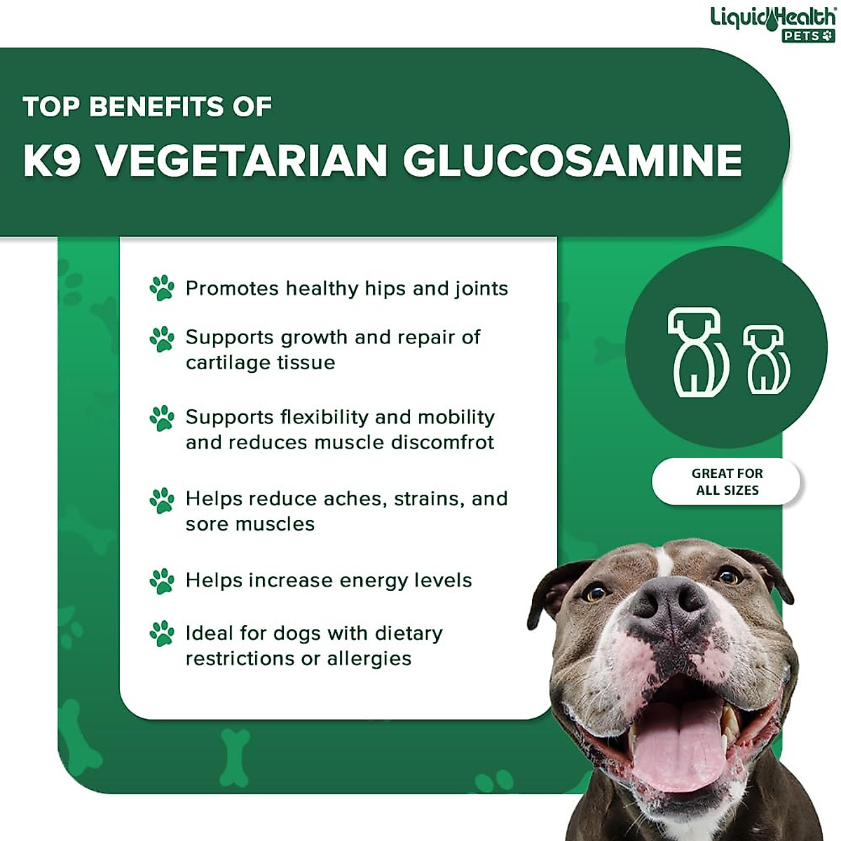 LIQUIDHEALTH 32 Oz K9 Vegetarian Liquid Glucosamine for All Dogs Canines - Chondroitin, MSM, Omega 3, Anti Oxidants Hyaluronic Acid – Joint Health, Dog Vitamins Hip Joint Juice, Joint Oil