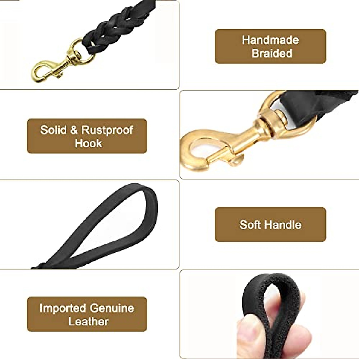 Guiding Star Black Leather Dog Leash 6ft, Soft Durable Genuine Handmade Braided Leather Dog Lead, Heavy Duty Strong Dog Training Walking Dog Leash Leather for Large & Medium Dogs