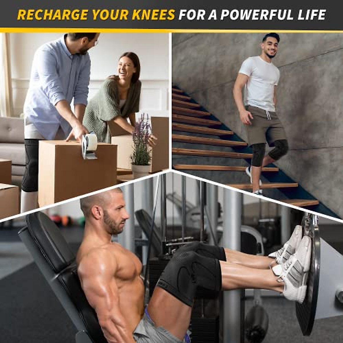 CAMBIVO Knee Braces for Knee Pain, 2 Pack Knee Compression Sleeves, Knee Support with Side Stabilizers & Patella Gel Pad for Workout, Knee Pain Relief, Arthritis（X-Large, STS-Black）