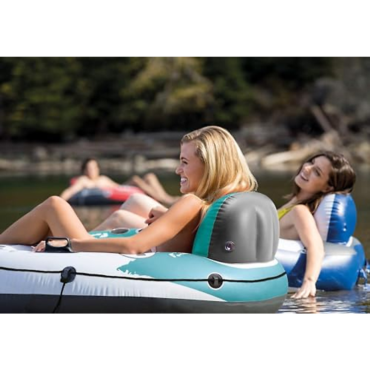 INTEX 56825EP River Run 1 Inflatable Floating Lounge: Comfortable Backrest – Built-in Cup Holders – Durable Grab Handles – All Around Grab Rope – 220lb Weight Capacity – Color May Vary