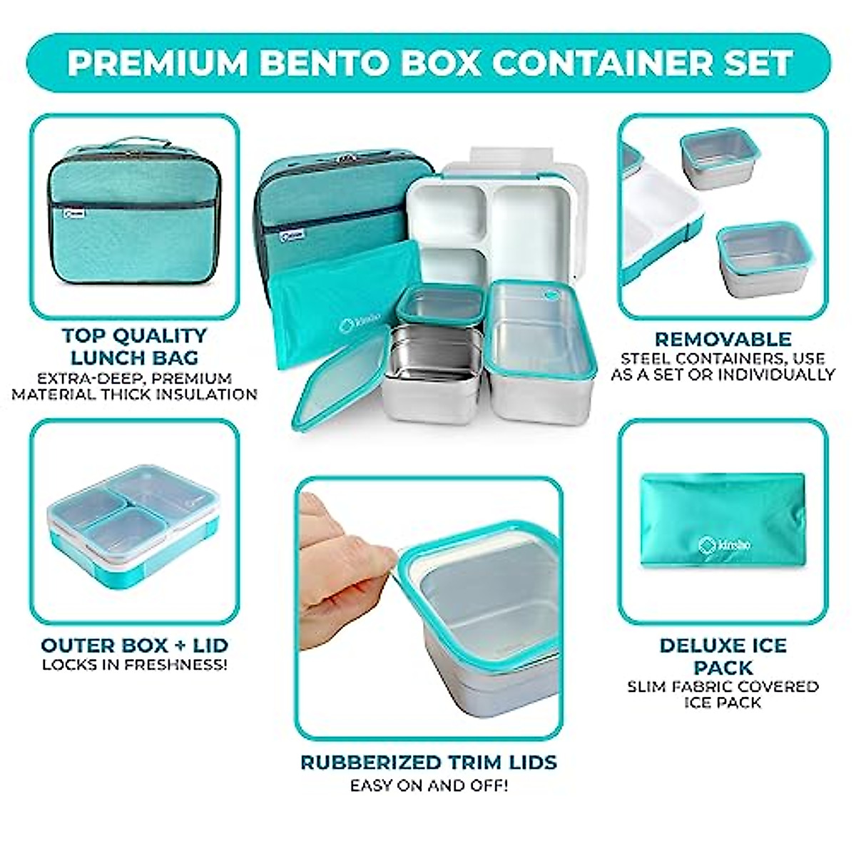 Stainless Steel Bento Lunch Box for Adults Kids with Insulated Bag and Ice Pack, Set of 3 Large Leakproof Meal Prep Food Containers for Men or Women, Lunch-Boxes for Work or School, 42 oz Teal Blue