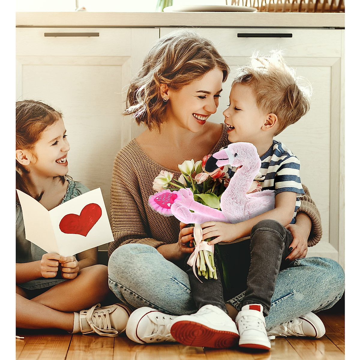 DolliBu Happy Mother's Day Super Soft Plush Pink Flamingo Doll Figure - Cute Stuffed Animal with Pink Heart Message for Best Mommy, Grandma, Wife, Daughter - 8" Inches