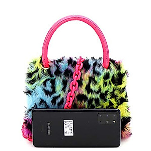 Cute Retro Plastic Chain Vegan Leather Fur Mini Satchel Bag Crossbody Clutch (2Faux Fur Leopard Multicolor/Neon Pink Chain)