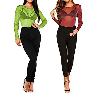 BelleLovin Women's Sheer Mesh Tops Long Sleeve Glitter Sexy Tops See Through Blouses (Neon Green, Small)