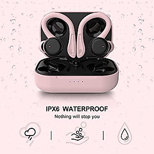 Pink Wireless Earbuds with Earhooks Running Ear Buds Bluetooth Workout Headphones in Ear Noise Cancellling Adjustable Small Mini Sleep Earphones with Mic Stereo Waterproof Android Headset for Sport