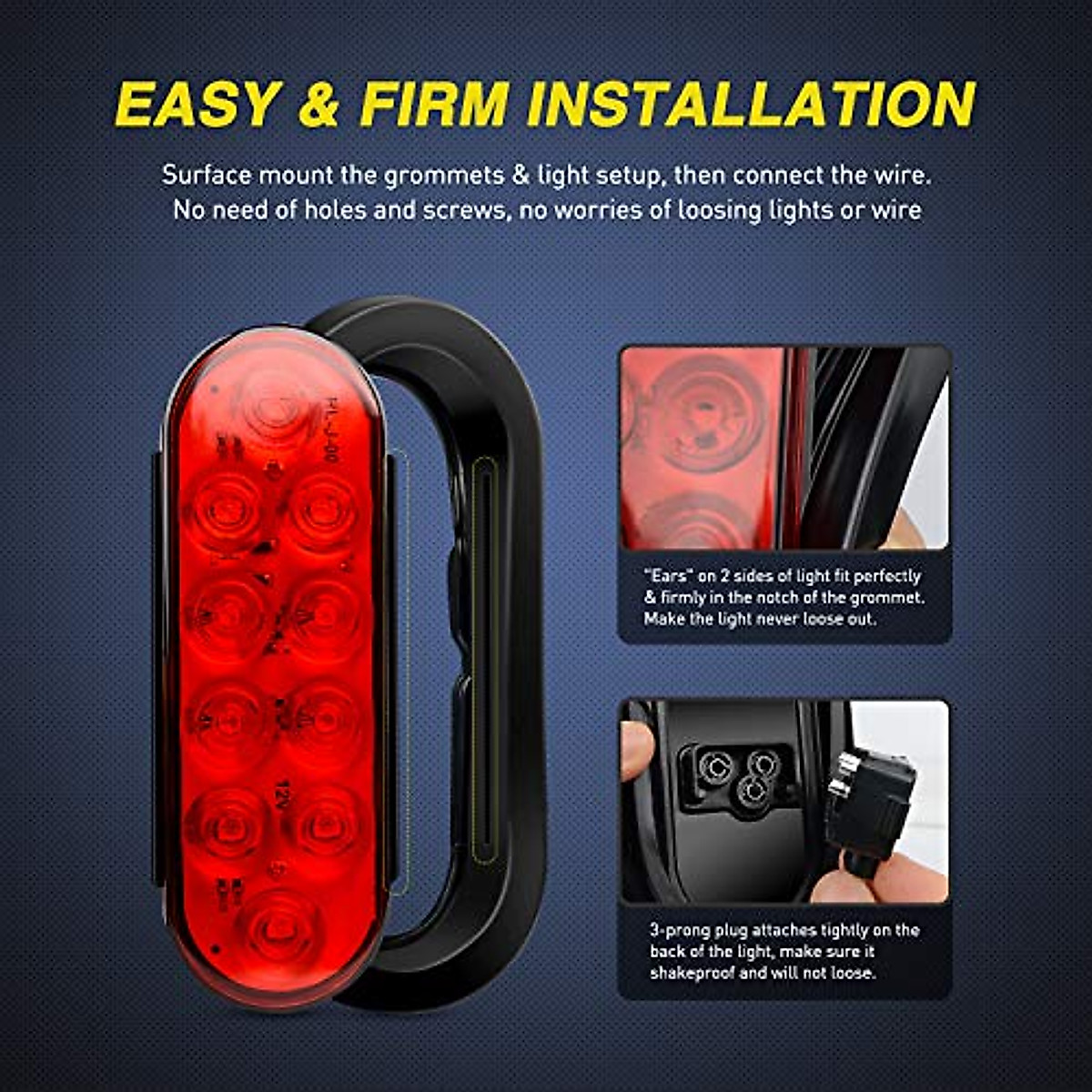 Nilight - TL-07 6 Inch Oval Red Led Trailer Tail Lights 4PCS 10 Led with Flush Mount Grommets Plugs IP67 Waterproof Stop Brake Turn Trailer Lights for RV Truck