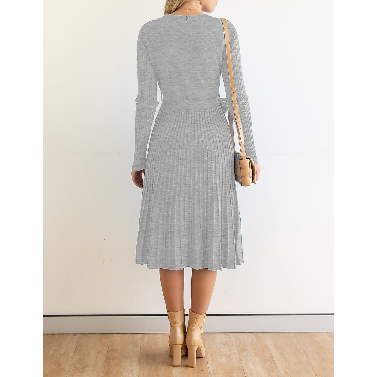 ZESICA Women's Fall Long Sleeve Wrap V Neck Ribbed Knit Pleated A Line Pullover Sweater Dress with Belt,Grey,Small
