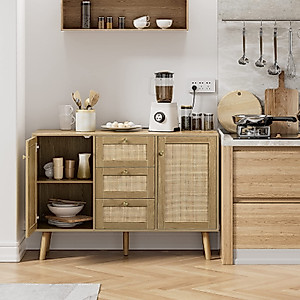 Giluta Sideboard Buffet Cabinet, 3 Drawers Cabinet with 2 Doors Boho Accent Storage Cabinet, Living Room Cupboard Console Table with Adjustable Shelves for Kitchen