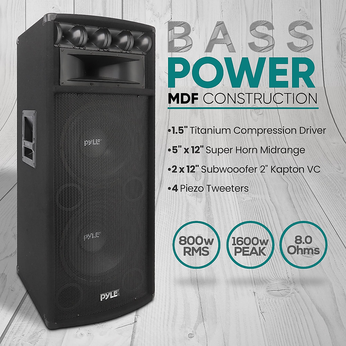 Pyle Portable Cabinet PA Speaker System - 1600 Watt Outdoor Stereo Sound Speakers w/ Dual 12" Woofers, 3.4" Piezo Tweeters, 5"x12" Super Horn Midrange, Crossover Network