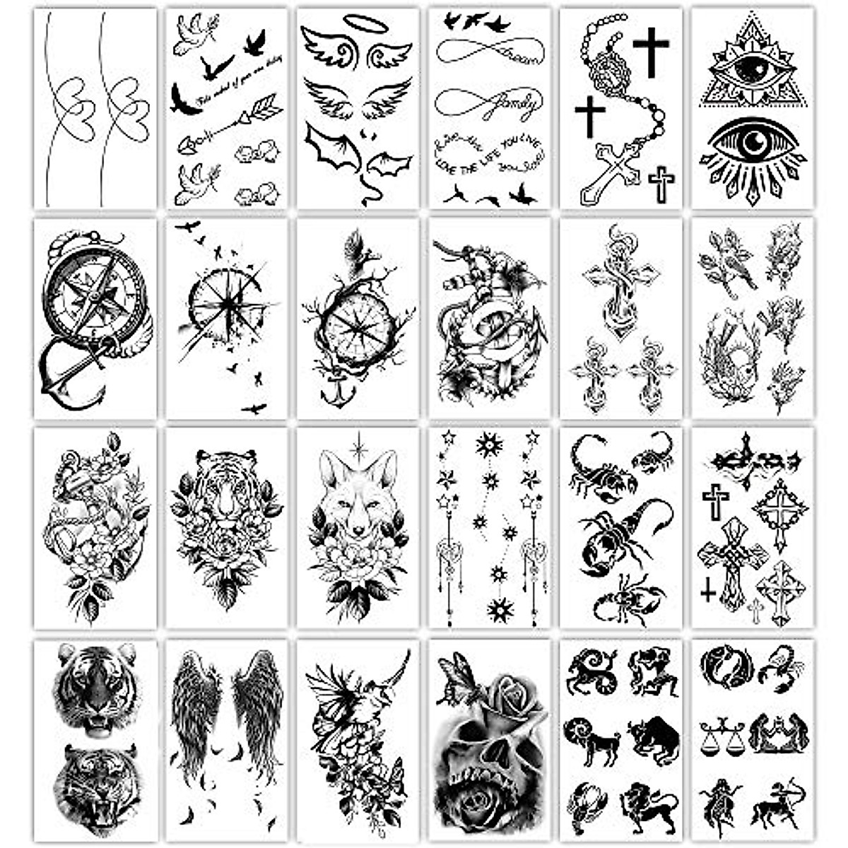 Yazhiji 36 Sheets Temporary Tattoos Stickers, 12 Sheets Fake Body Arm Chest Shoulder Tattoos for Men or Women with 24 Sheets Tiny Black