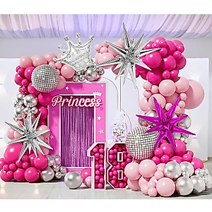 173PCS Princess Pink and Silver Balloon Garland Arch Kit with Explosion Star Silver Crown Balloon for Barbie Theme Birthday Party Decorations Baby Shower girl's Birthday Princess Party Decorations