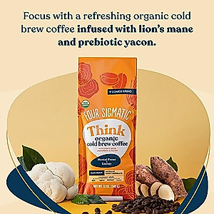 FOUR SIGMATIC Organic Cold Brew Coffee Grounds | Dark Roast, Fair Trade Coarse Grounds with Lion's Mane and Chaga | Cold Brew Mushroom Coffee for Crash-Free Focus | 12 oz Bag