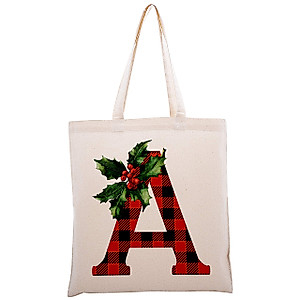 Zexpa Apparel Personalized Initial Christmas Tote Bag | Customized Floral Gift Bag Design #3 | Natural Cotton Canvas Christmas Gifts | Single - Design #3 - Initial A