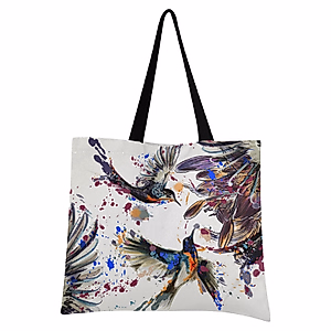 Canvas Tote Bag Watercolor Bird Hummingbird Feather Large Shopper Bag with Zipper Pocket Reusable Casual Shoulder Bag for Women Men