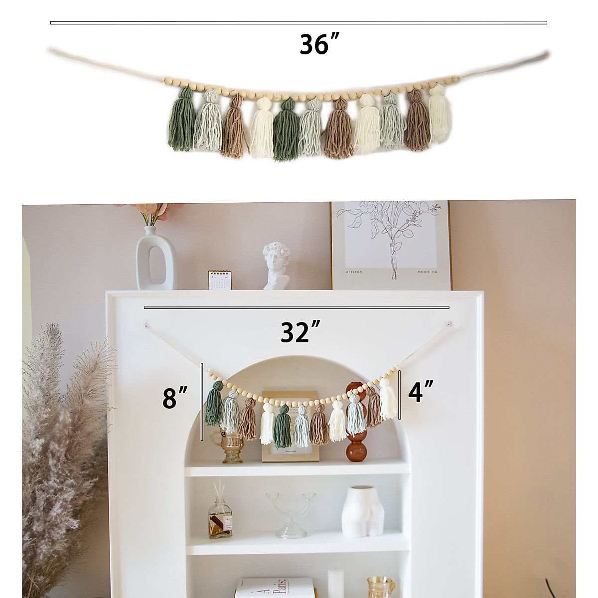 Decocove Tassel Garland - Boho Tassel Garland with Wood Beads - Wall Decor for Dorm, Girls Room and Nursery Room - Olive Green (36 inch)