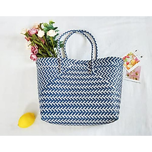 Goodly Beach Bag/Handmade Woven Market Tote Bag/Woven Versatile Large Top Handle Bag(Blue)