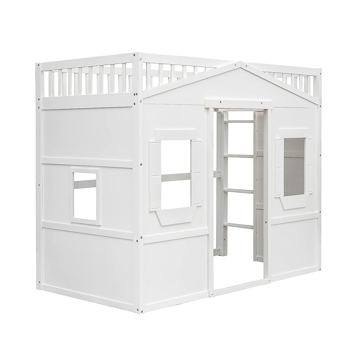 Merax Twin Size Wood Loft Bed, House Bed Frame with Ladder and Safety Guardrails for Kids, No Box Spring Needed, White
