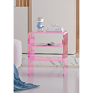 Clear Acrylic 3-Tier End Table/Nightstand – Sleek Bedside Storage with Durable Design, Perfect for Bedrooms, Living Rooms, or Modern Interiors – Ideal as a Bedside Table or Sofa Side Piece (Pink)
