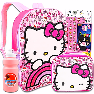 Hello Sanrio Kitty Backpack With Lunch Bag For Girls, Kids ~ 5 Pc Bundle With 16 inches Hello Kitty School Bag, 2000+ Stickers, Page Clips, And More (Hello Kitty School Supplies Stuff)