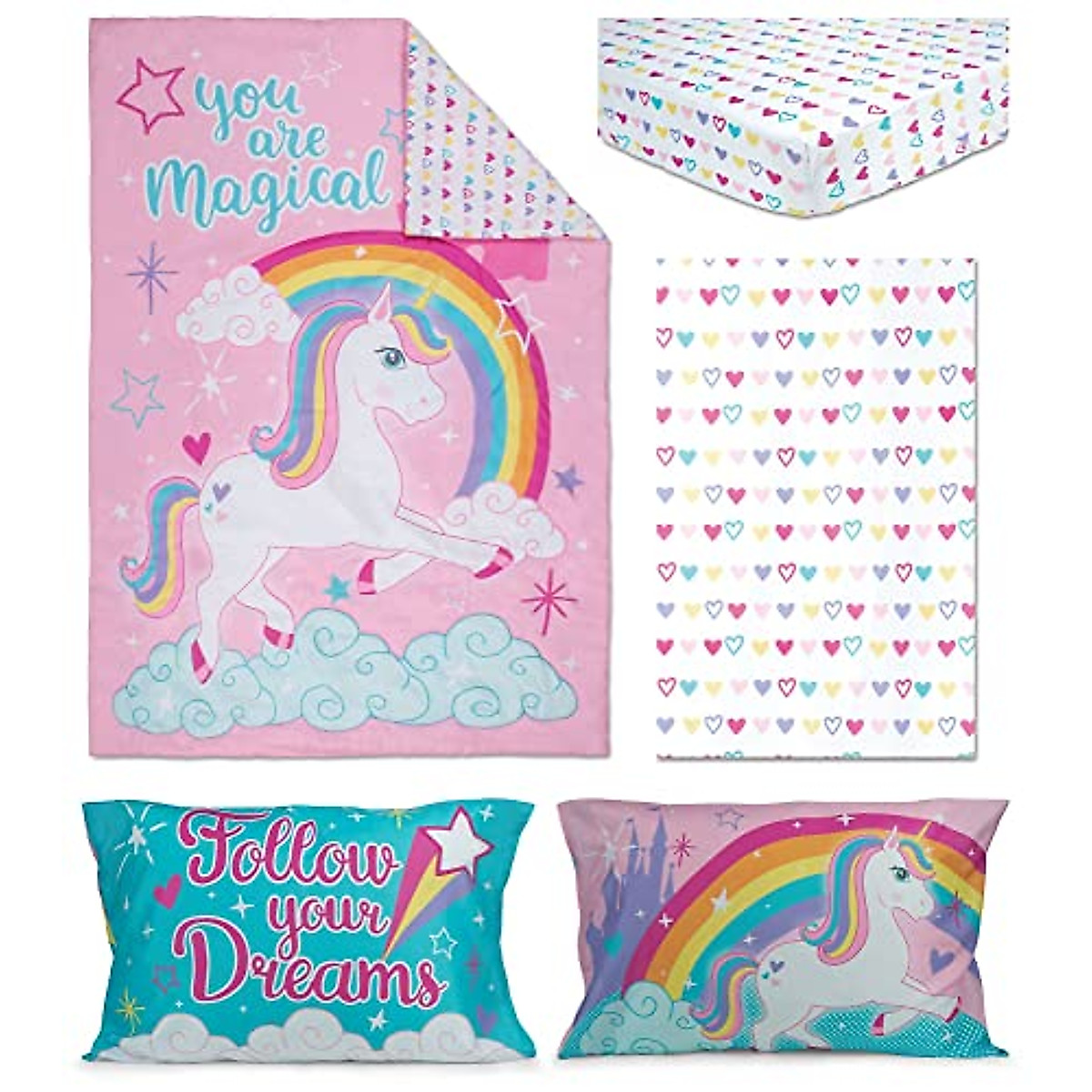 Baby Boom Funhouse Unicorn Love 4 Piece Toddler Bedding Set – Includes Comforter, Sheet Set – Fitted + Top Sheet + Reversible Pillowcase for Girls Bed, Pink