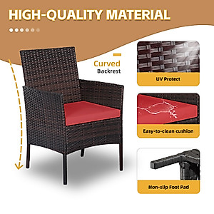 PAIQIAN Patio Porch Furniture Sets 3 Pieces PE Rattan Wicker Chairs with Table Tempered Glass Outdoor Garden Furniture Sets for Balcony Garden Porch Backyard(Brown/Red)