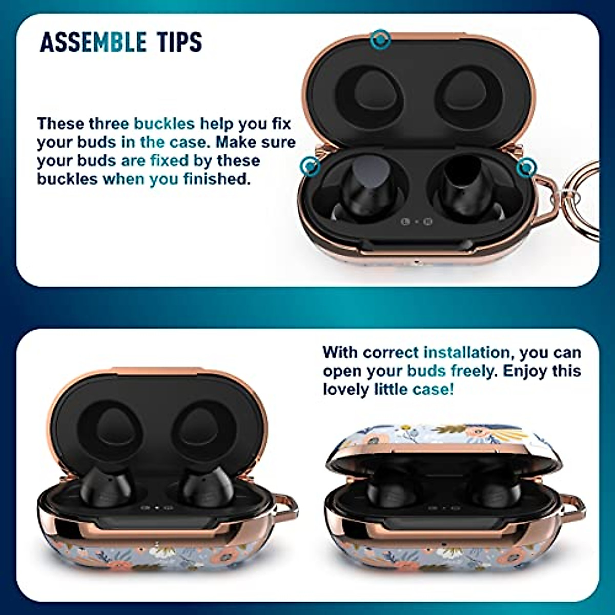 wenew Case Cover for Samsung Galaxy Buds & Galaxy Buds Plus, Protective Hard Case for Women Girls Men with Cute Patterns Clip Keychain LED Visible (Blue)