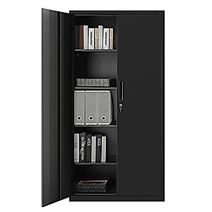 SONGMICS Garage Cabinet, Metal Storage Cabinet with Doors and Shelves, Office Cabinet for Home Office, Garage and Utility Room, Black UOMC015B01