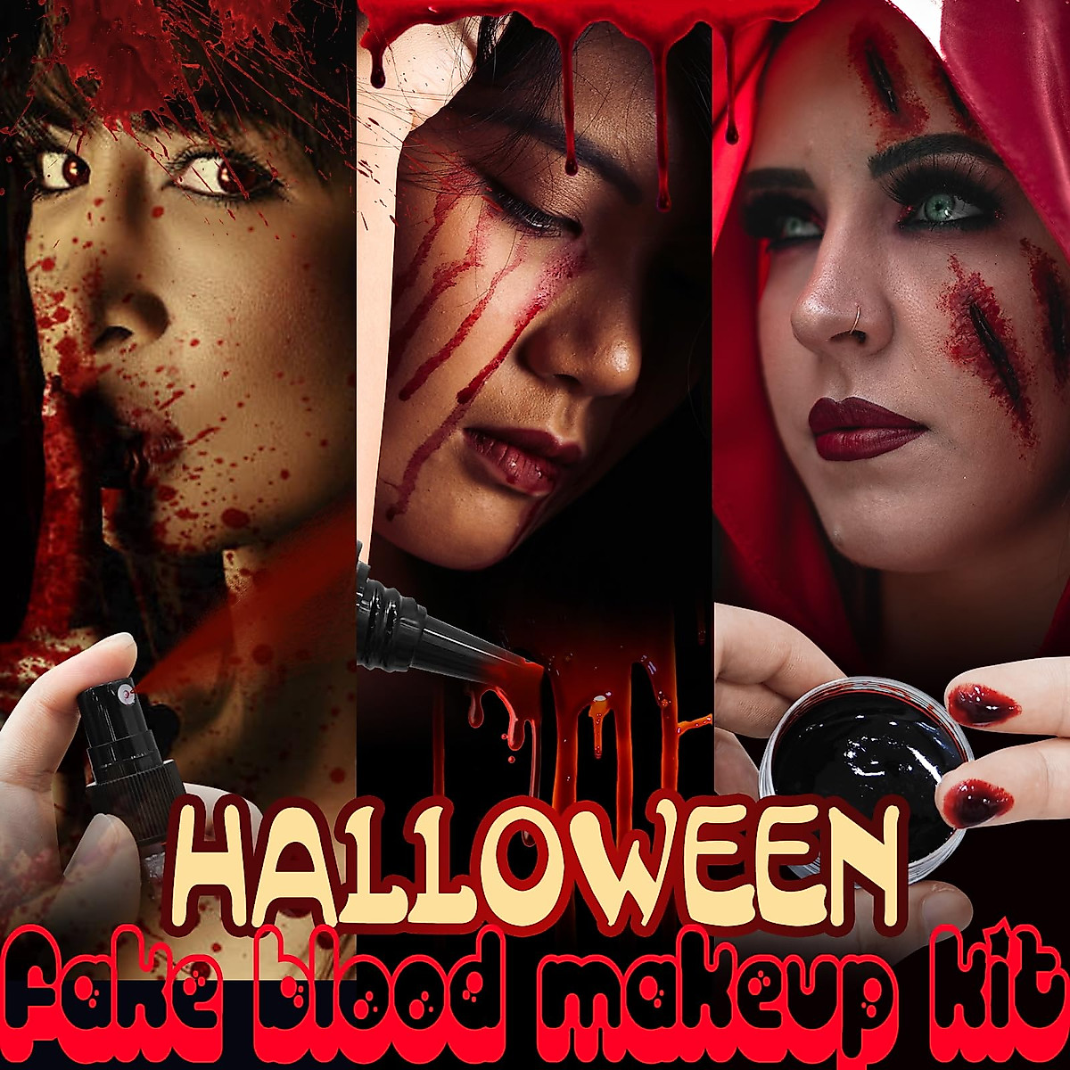 4PCS Halloween Fake Blood Makeup Kit, [Coagulated Blood + Fake Blood Spray 60ML + Dripping Blood 60ML + Black Stipple Sponge], Fake Blood Washable for Clothes Face SFX Wound, Vampire