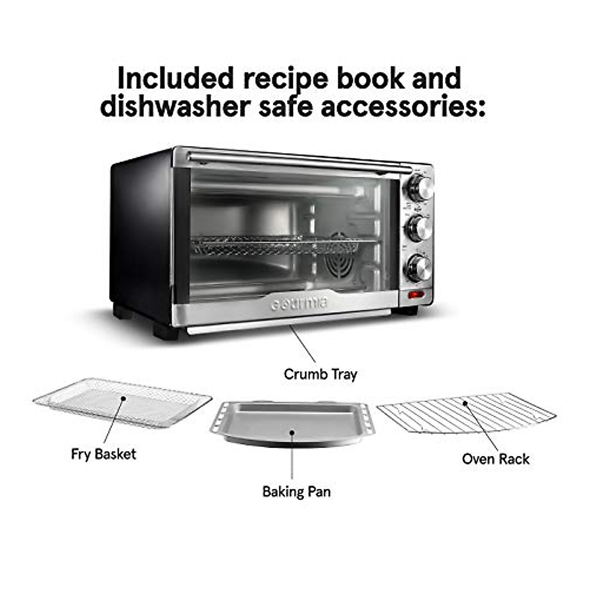 Gourmia GTF7350 6-in-1 Multi-function, Stainless Steel Air Fryer Oven - 6 Cooking Functions - Fry Basket, Oven Rack, Baking Pan & Crumb Tray, Included + Recipe Book