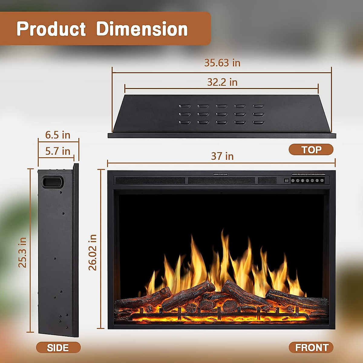 Havato 37 inch Electric Fireplace Inserts, Recessed Electric Stove Heater with Adjuatble Flame Colors, Log Colors, Flame Speed and Brightness, Remote Control & Time,750W/1500W