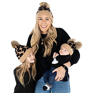 Funky Junque Matching Adult Toddler Infant POM Hat - Adult/Toddler (Single POM)/Infant (Double POM) - Leopard - Latte