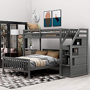 DEYOBED Twin Over Full Wooden Bunk Bed and Loft Bed Convetible with Storage Staircases for Kids Teens