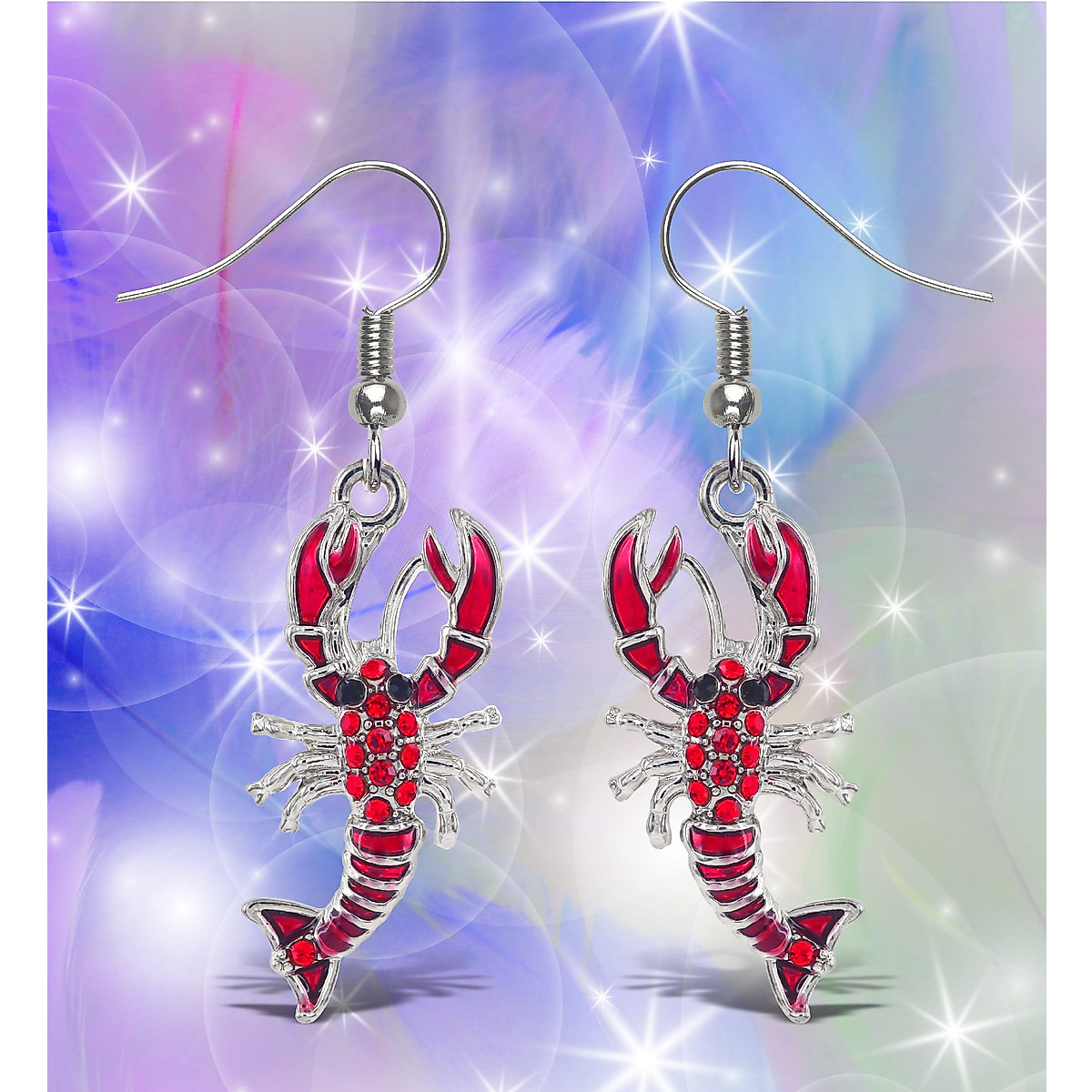 Aqua79 Red Lobster Silver Dangle Earrings - Fashion Jewelry Rhinestone Earring Hook Silver Jewelry, Zinc Alloy Fish Hook Earrings, Cute Earrings Perfect Summer Accessories for Women - 1 Inch