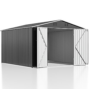 AirWire 10x10 FT Outdoor Storage Shed, Garden Shed with Updated Frame Structure and Lockable Doors, Metal Tool Sheds for Backyard Garden Patio Lawn, Grey