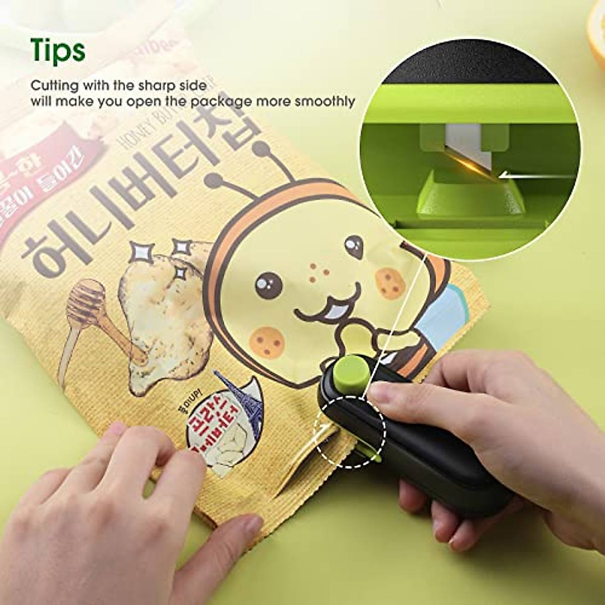 Mini Bag Sealer, 2 in 1 Heat Sealer For Snacks, Rechargeable Handheld Plastic Bag Resealer, Vacuum Bag Sealing Machine Portable, Keep Food Chips Cookies Fresh Black/Green
